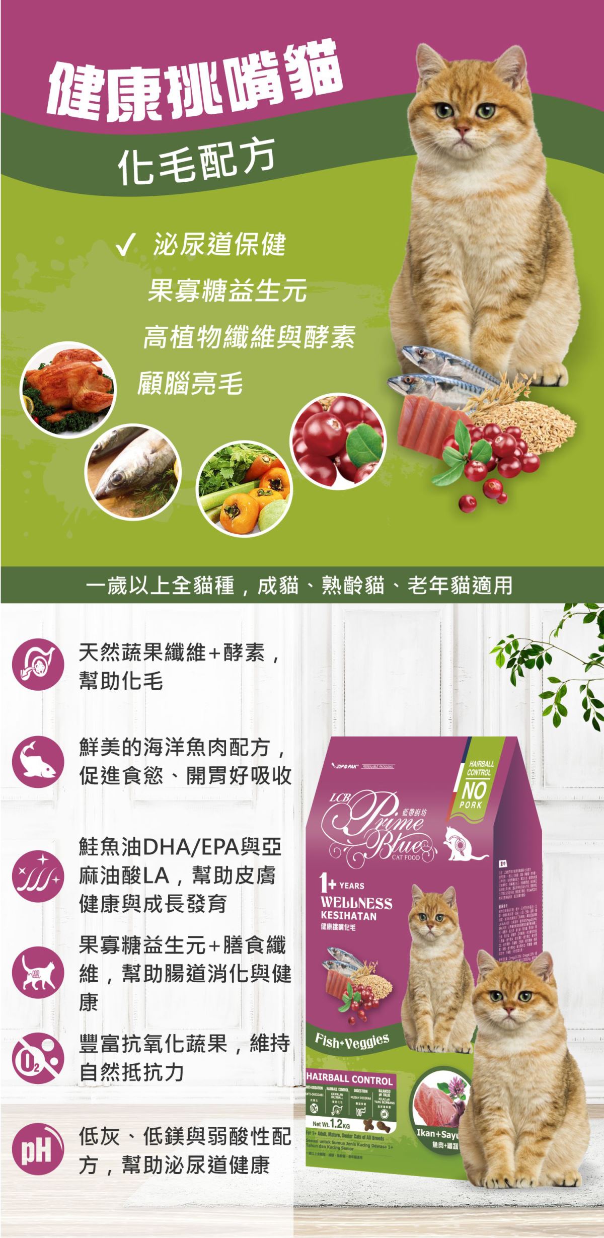 LCB藍帶廚坊 WELLNESS 健康挑嘴貓糧｜魚肉化毛配方｜寵物主義